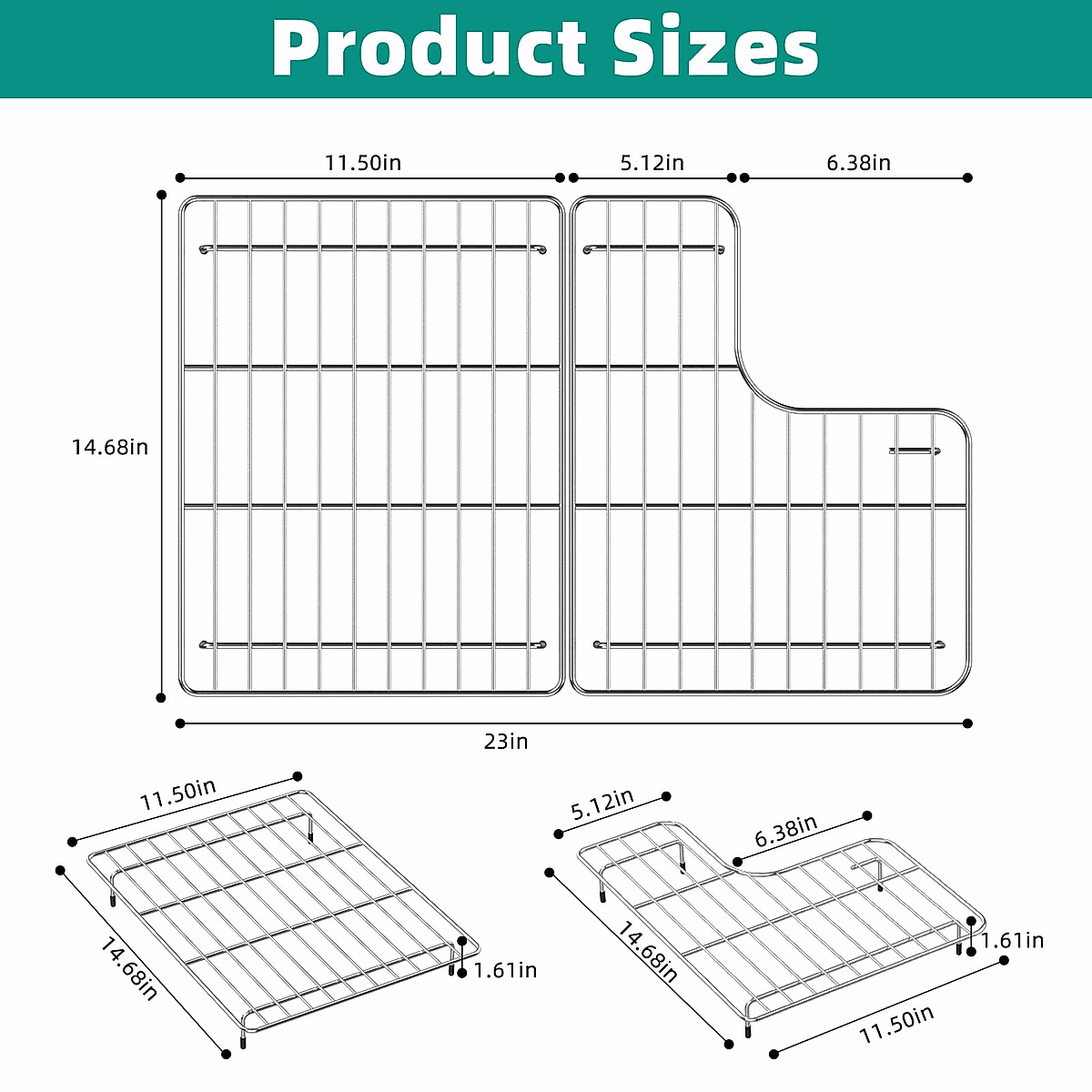 Dreyoo Sink Racks Compatible with Kohler Whitehaven K-6486 and K-6487 Sink, 304 Stainless Steel Sink Protectors for Kitchen Sink with 9 Additional Rubber Feet, 14.68 x 23 x 1.61 in (Classic Style)