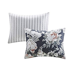 Madison Park 100% Cotton Comforter Set - Feminine Design Colorful Floral Print, All Season Down Alternative Bedding Layer and Matching Shams, California King (104 in x 92 in), Mavis, Dark Blue 8 Piece