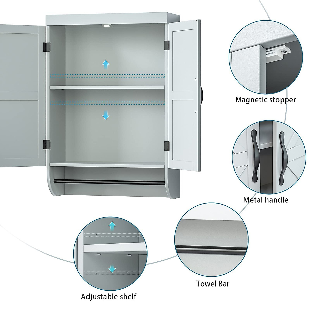 SRIWATANA Bathroom Storage Wall Cabinet Over The Toilet with Adjustable Shelf, Space Saver 2-Door Medicine Cabinet with Metal Bar, Gray