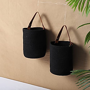 JJSQYLAN Hanging Basket(2Piece) Wall Woven Cotton Rope Storage Basket with Leather Decorative Baskets Organizer for Kitchen Office Bedroom,Plants,Towels, Toys