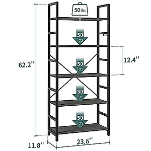 Yoobure 5 Tier Bookshelf - Tall Book Shelf Modern Bookcase for CDs/Movies/Books, Rustic Book Case Industrial Bookshelves Book Storage Organizer for Bedroom Home Office Living Room Grey