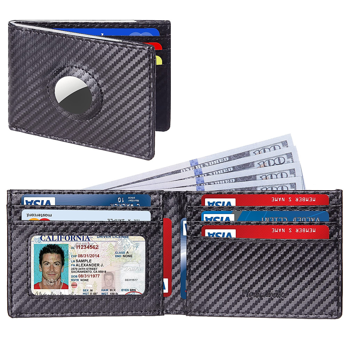 Hawanik Mens Bifold Wallet For AirTag, Slim RFID Blocking Wallet with Built-in Holder for AirTag Carbon Fiber Texture