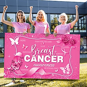 Tiamon Breast Cancer Awareness Backdrop Decorations Banner, Pink Ribbon Hope Party Survivor Party for Photography Background Pink Ribbon Walk Charity Party Supplies, 43.31 x 72.83 Inch (Pink, White)