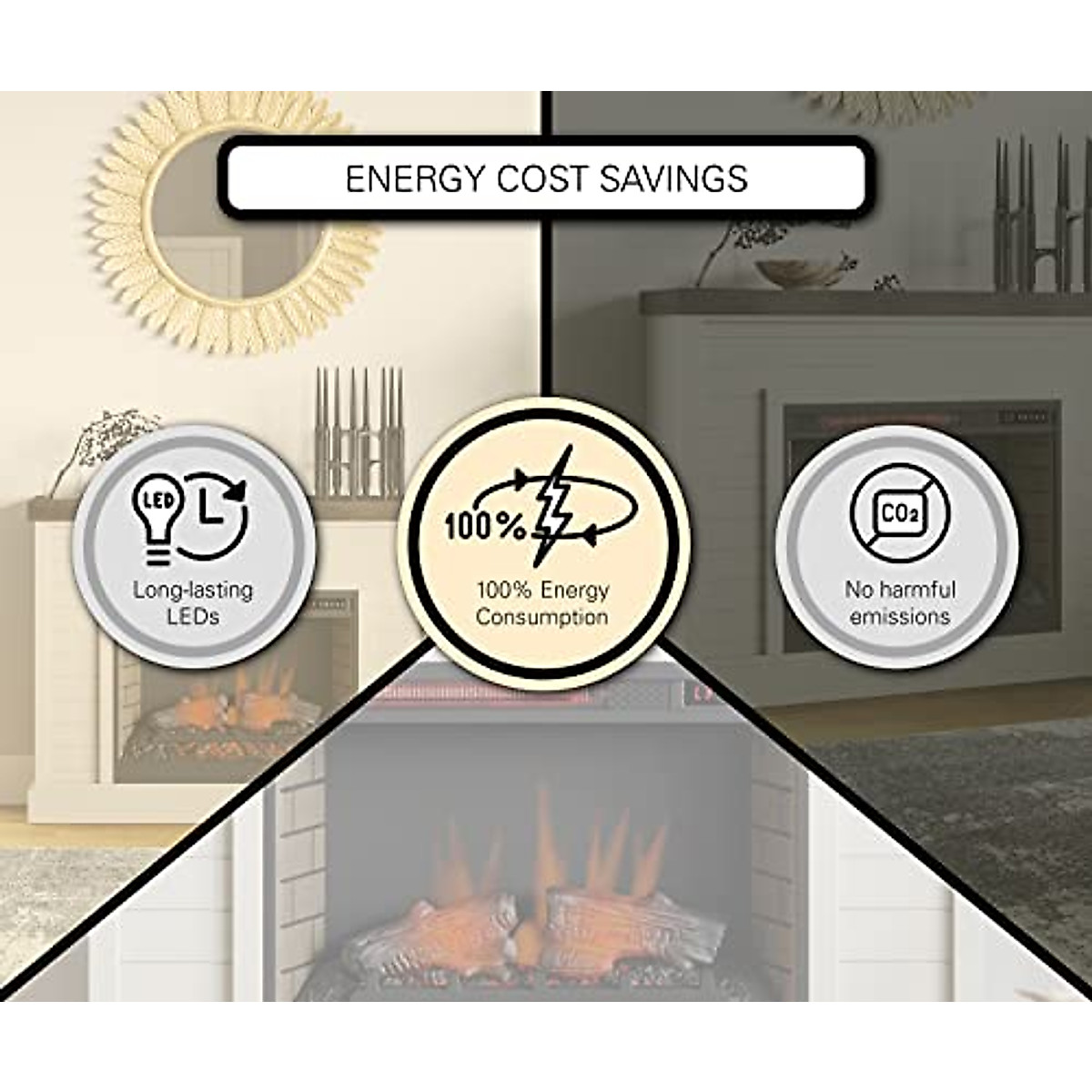 Bridgevine Home Electric Fireplace Mantel with Accent Wood Shelf and Surround, Realistic Logs and Flame Effect, Fireplace TV Stand, Adjustable LED Electric Heater with Remote Control, 48 Inch, White