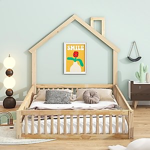 NUGYK Wood Full Size House Platform Bed with Guardrail, Solid Wood Floor Bed Frame with House-Shaped Headboard for Kids, Strong Sturdy Slats Support, Space-Saving Natural