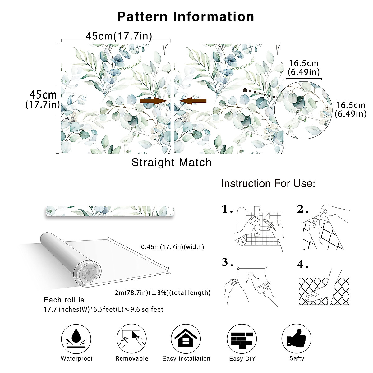 HAOKHOME Peel and Stick Wallpaper Boho Green/White Eucalyptus Leaf Floral Wall Mural Home Nursery Decor Renter Friendly Wallpaper 17.7in x 78.7in