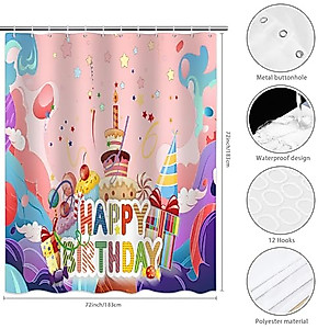 DLTAY Happy Birthday Shower Curtain, Birthday Cake Pattern Celebration Fete Day Birthday Party Decorations Gift Cute Pink Bathroom Decor Set with 12 Hooks, 72x72 inches