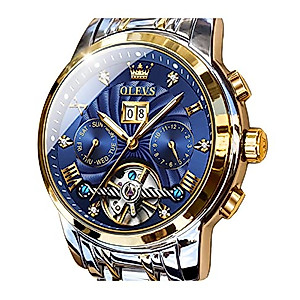 OLEVS Men Automatic Watch Skeleton 5 Hands Mechanical Blue Classic Luxury Multi Calendar Stainless Steel Waterproof Wrist for