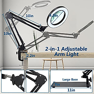 10X Magnifying Glass with Light and Stand, HITTI 2-in-1 LED Lighted Magnifier Large Base & Clamp, 3 Color Modes Stepless Dimmable Magnifying Lamp, Adjustable Swing Arm for Repair Crafts Soldering