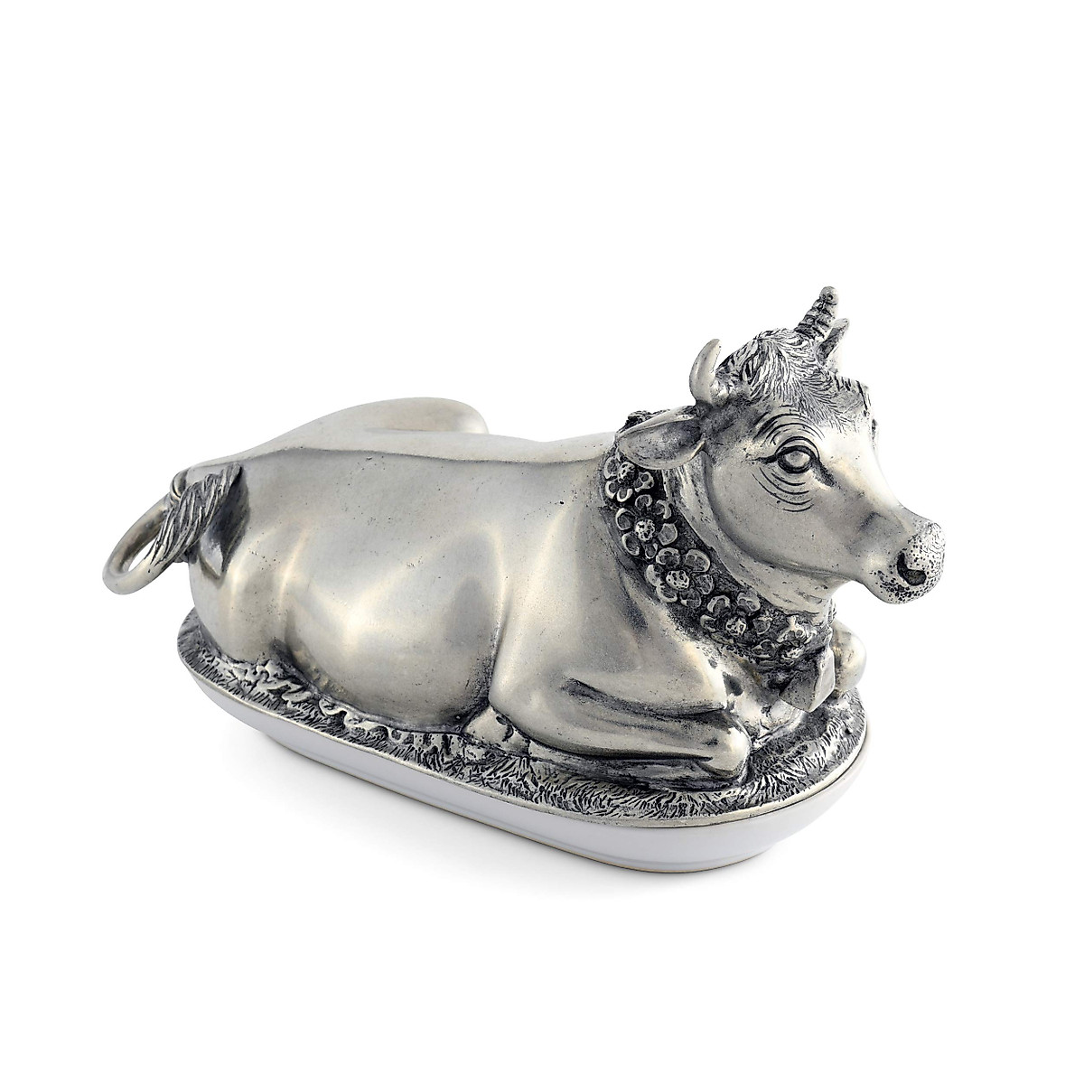Vagabond House Pewter Metal Mabel the Cow Covered Butter Cream Cheese Dish Container Keeper Heirloom Quality with Stoneware Tray Base 8.5 inch Long