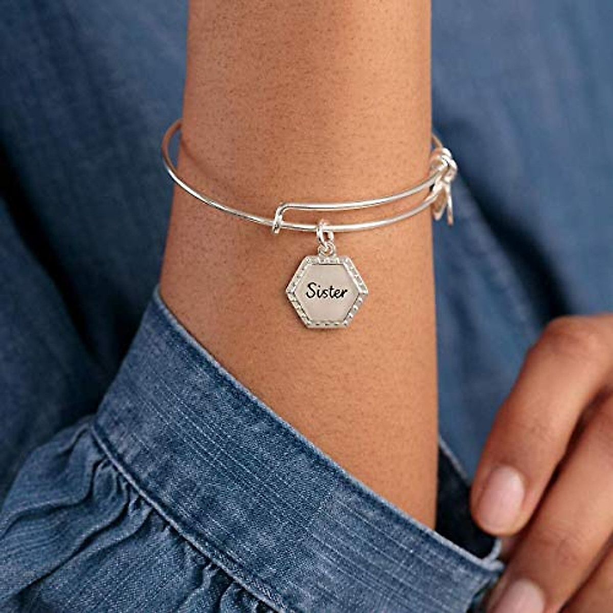 Alex and Ani Because I Love You Sister Expandable Wire Bangle Bracelet for Women, Woven Together Charm, Shiny Antique Silver Finish, 2 to 3.5 in