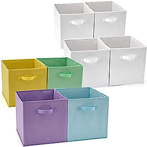 EZOWare Set of 8 Fabric Basket Bins, 13 x 15 x 13 inch Collapsible Organizer Storage Cube with Handles for Home, Bedroom, Baby Nursery, Kids Playroom Toys - ( White + Assorted Color )