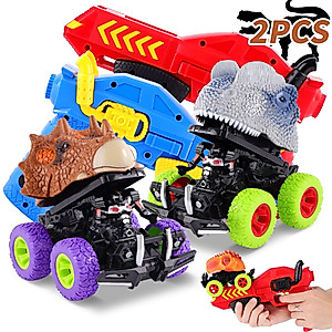 FiGoal 2 Pack Dinosaur Cars with Toy Gun Ejecting Friction Powered Dino Car Transforming Dinosaur Toys Car Gifts for Boys Girls Teacher Classroom Prize
