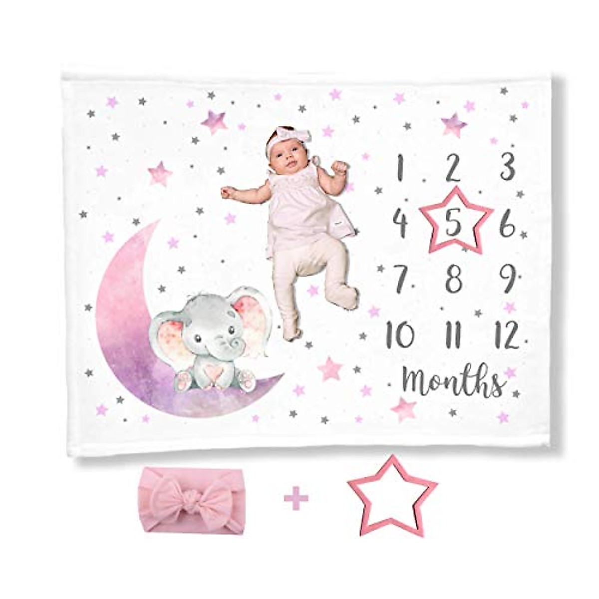 Elephant Baby Milestone Blanket Headband, Month Marker, Newborn Photography Background Mat Photo Prop, Calendar Growth Tracker Chart, I Love You to The Moon and Back Stars Nursery (Pink, Minky 50x40)