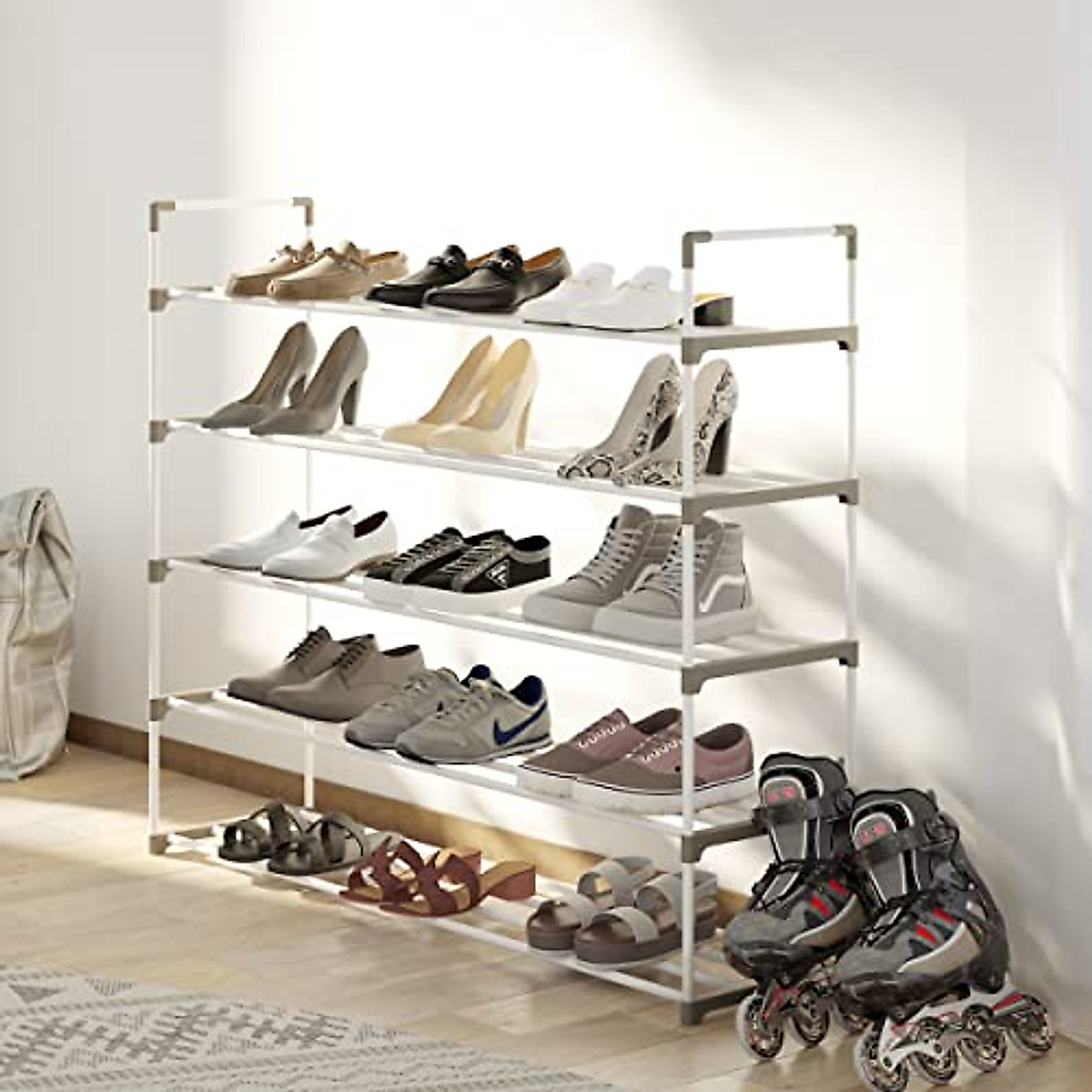 Home-Complete Shoe Rack – 5-Tier Shoe Organizer for Closet, Bathroom, Entryway – Shelf Holds 25 Pairs of Sneakers, Heels, and Boots (White)