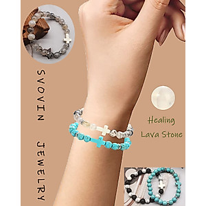 Svovin 12Pcs Fashion Religion Cross Men Women 8mm Natural Stone Lava Tiger Eye Stretch Anxiety Bracelets Unisex 7.5"