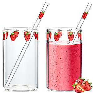 2 Sets Strawberry Cups Strawberry Glass Cup with Straw Lovely Glass Tumbler Strawberry Cup Clear Cute Tumbler with Straw Strawberry Pattern Glasses Bottle for Juice Water Milk Coffee Tea (Lovely)