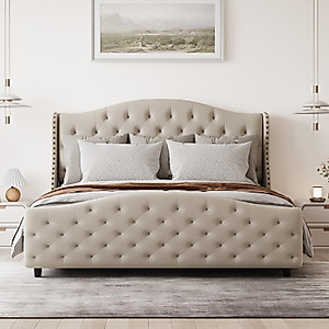 Amyove Tufted Upholstered Platform King Bed Frame with Headboard and Footboard, Velvet Platform Bed Raised Wing Back Headboard (Beige, King)