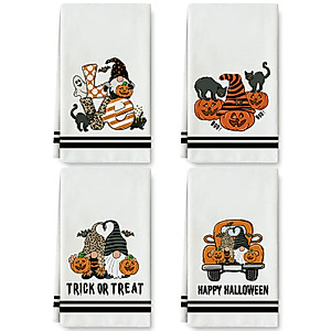 AnyDesign Halloween Kitchen Dish Towel 18 x 28 Inch Halloween Gnome Pumpkin Truck Love Tea Towel Trick or Treat Drying Dishcloth Hand Towel for Kitchen Cooking Bake, 4 Packs