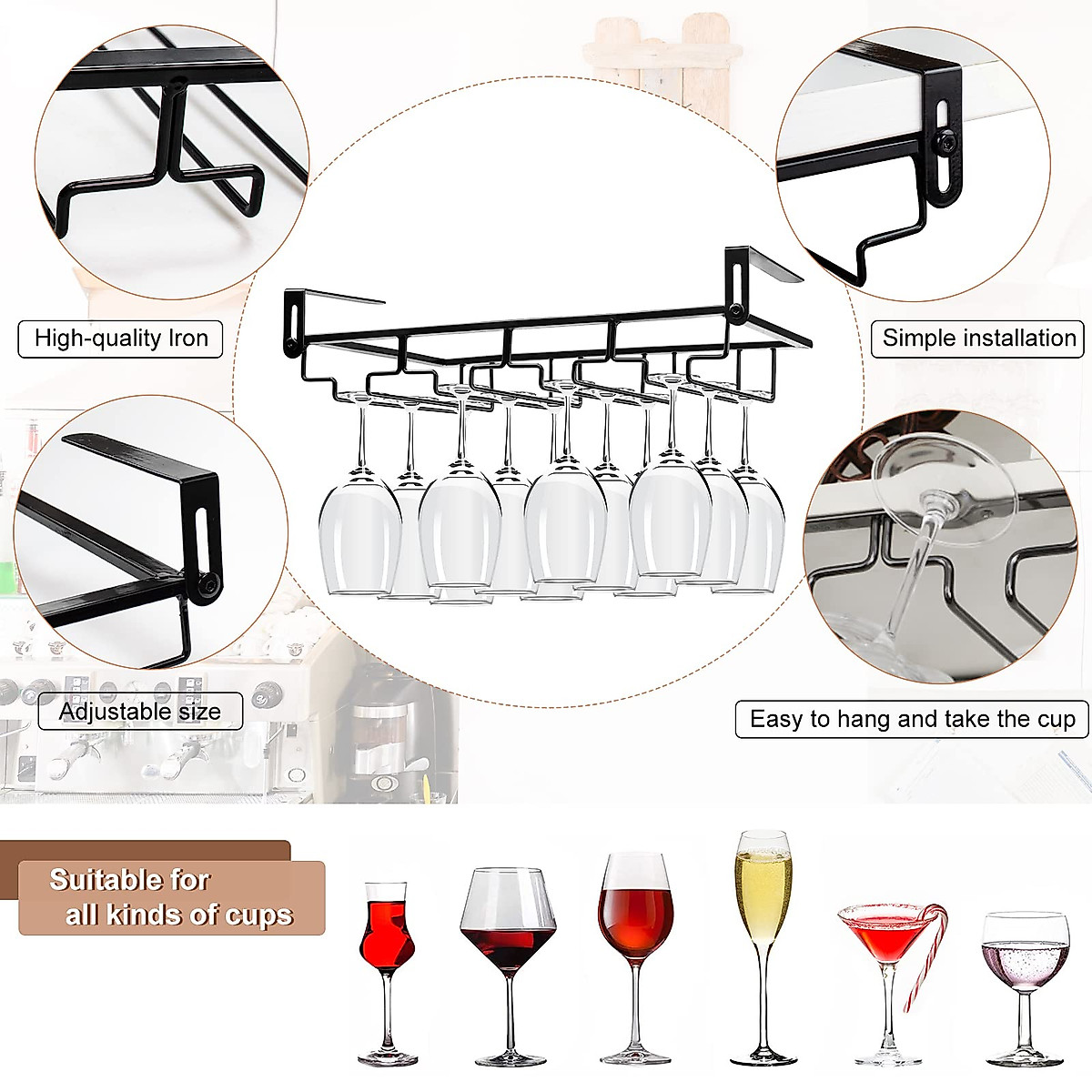 2Pcs Adjustable Wine Glass Rack Under Cabinet, Punch-Free 4 Rows Stemware Wine Glass Metal Holder, Hanging Wine Glasses Storage Hanger Organizer for Shelf Kitchen Bar Decor(4 Rows, Black)