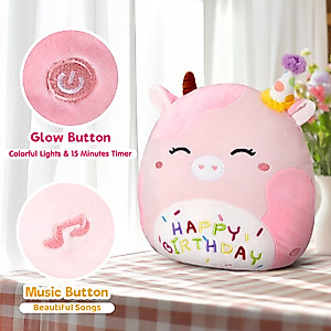 CozyWorld Light up Musical Happy Birthday Cow Plush Pillow,LED Stuffed Animals,Pink Cow Glowing Singing Plush Toy,Cute Plushie Doll Birthday Gift for Toddler Boys Girls,14''