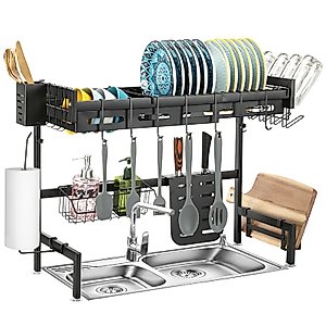 G Model Draining Rack for Sink, Sturdy and Durable Stainless Steel, Retractable Draining Rack with Baked Enamel Coating for Storage Kitchen Counter Organization（Black）
