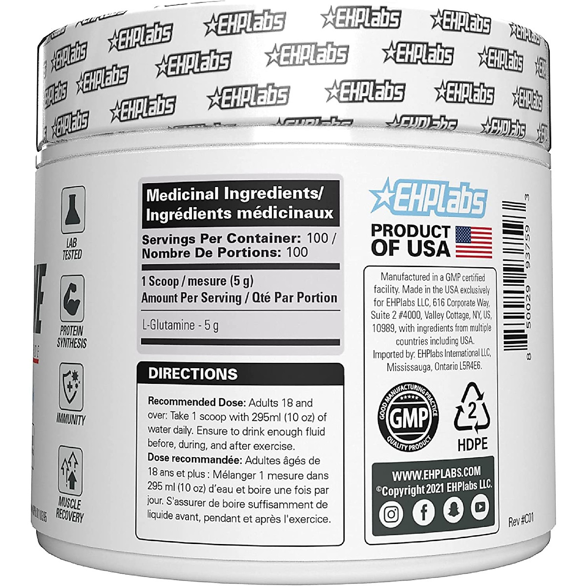 EHP Labs L Glutamine Powder Amino Acids - L-Glutamine, Workout Recovery, Immune Health & Gut Health Support (500g) - 100 Servings
