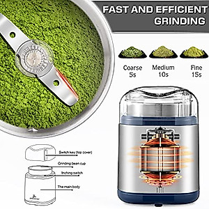 ZHENGHAI Electric Herb Grinder 200w Spice Grinder Compact Size, Easy On/Off, Fast Grinding for Flower Buds Dry Spices Herbs, with Pollen Catcher and Cleaning Brush (Stainless Steel & Blue)