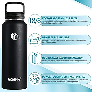 HQAYW Insulated Water Bottles 40oz, Leak-Proof Sports Water Bottle with Straws, Stainless Steel Water Bottle, Wide-Mouth BPA Free Travel Thermo Keep Cold 48 Hours Hot 24 Hours for Work, Mid-Night