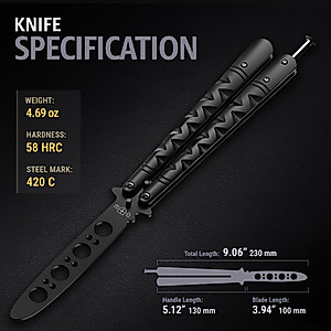 Butterfly Knife - Balisong Trainer - Black Practice Butterfly Trainer with Sure Spring Latch - Balisong Knives NOT Real NOT Sharp Blade - Full Stainless Steel Fake Dull Trick CSGO Fidget Toy K19 B