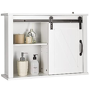 Tangkula Farmhouse Wall Storage Bathroom Cabinet with Sliding Barn Door, 3 Tier Adjustable Shelf, Rustic Vintage Décor Wooden Wall Mounted Medicine Cabinet for Bathroom Living Room Kitchen, White