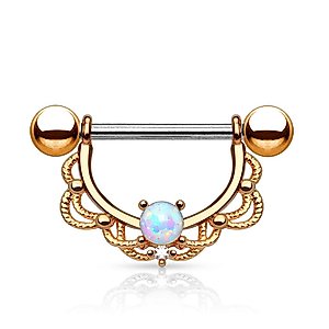 Pair of Opal Fligree 14K Gold Plated Surgical Steel Nipple Rings Barbells 16G - Rose Gold
