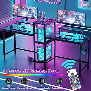 Furologee 2 Person Gaming Desk with LED Lights, 71 Inch Computer Desk with Power Outlets and Monitor Stand, Double Desk with Storage Bag and Headphone Hooks, Study Writing Table for Home Office, Black