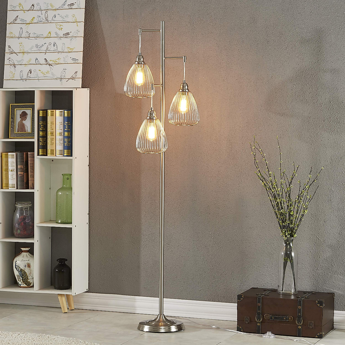 Floor Lamp, Industrial Rustic Standing Lamp with 3 Elegant Teardrop Cage Shade, Modern Tall Floor Lamps for Living Room with 3 Edison Bulbs, Minimalist Pole Floor Light for Home Office - Chrome