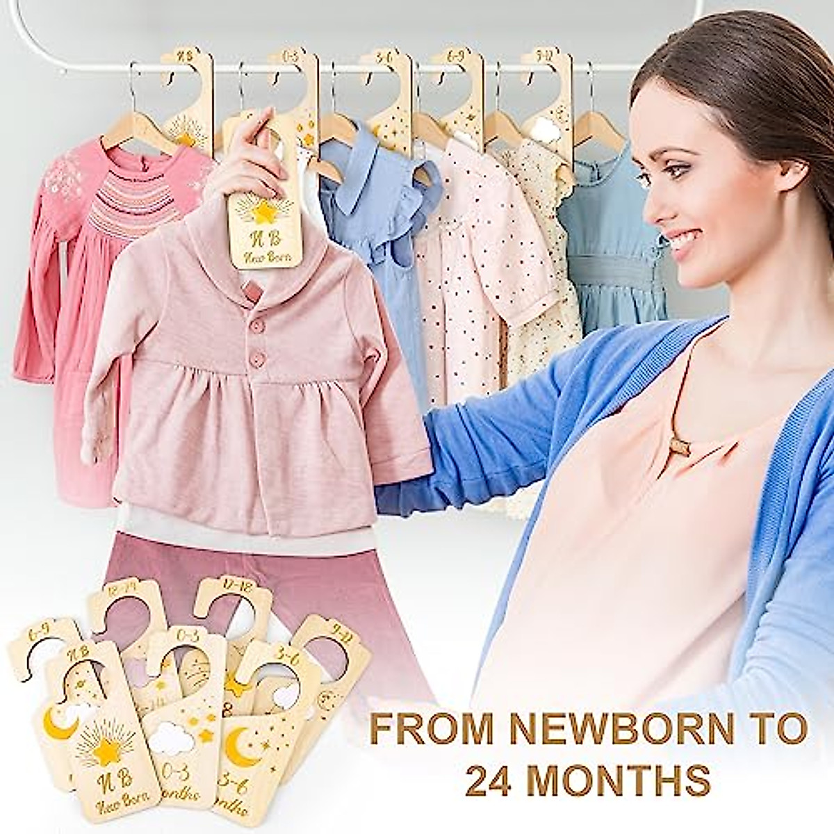 Baby Closet Dividers - Set of 7 Baby Clothes Organizer, 3D Wooden Clothes Organizer from Newborn to 24 Months, Nursery Organizers for Hanger Dividers