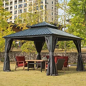 Domi Hardtop Gazebos 12x12FT, Aluminum Metal Gazebo with Galvanized Steel Double Roof Canopy, Curtain and Netting, Permanent Gazebo Pavilion for Patio, Backyard, Deck and Lawn, Grey