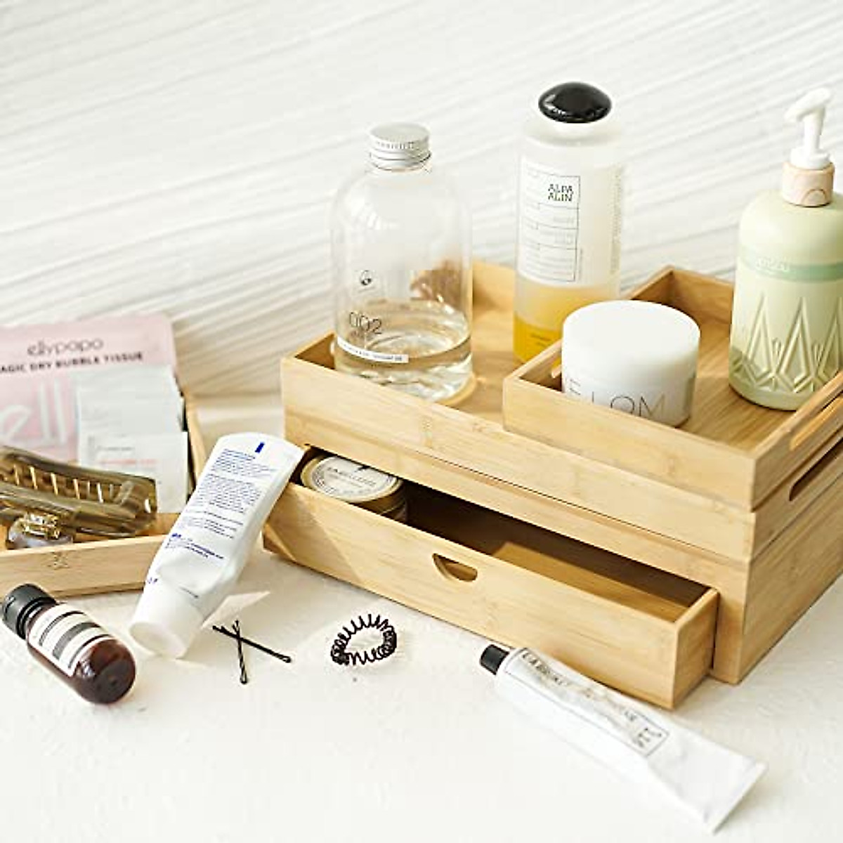 Bamboo Bathroom Organizer Tray and Drawer, Varhomax Customizable Stackable Makeup Organizer 4-Pcs Set 3 Trays and 1 Drawer, Small Desk Organizer Storage for Vanity Toiletries, Office Supplies