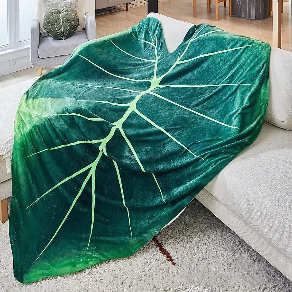 Large Leaf Blanket Green Plant Throw Blankets Soft Fuzzy Leaf Shaped Flannel Throw Decorative Blanket for Plant Lovers Bed Couch Sofa Car