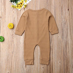 Kuriozud Newborn Infant Unisex Baby Boy Girl Long Sleeve Button Solid Knitted Romper Bodysuit One Piece Jumpsuit Summer Outfits Clothes (Long Sleeve Jumpsuit Brown, 0-3 Months)