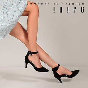 IDIFU Women's IN3 D'Orsay Pumps Low Kitten Heels for Women Dress Shoes Pointed Closed Toe Wedding Bride Ankle Strap Dressy Silver Black Nude White Gold Heels for Women (Black Nubuck, 7.5 M US)