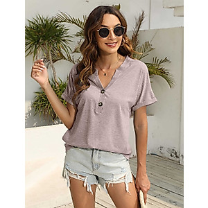 EADINVE Womens Tshirts V Neck Short Sleeve Buttons Tops Tee Solid Color Blouse Loose Fit Apricot