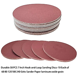 Tonmp 50 PCS 7 Inch Hook-and-Loop Sanding Discs Sandpaper - 10 pcs Each of 60 80 120 180 240 Grits Sander Paper for for Random Orbit Drywall Sander