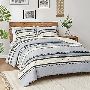 Hyde Lane Boho Blue King Comforter Set ，Modern Farmhouse Tufted Bedding Sets, Cotton Top with Neutral Rustic Style Clipped Jacquard Stripes, 3-Pieces Including Matching Pillow Shams (104x90 Inches)