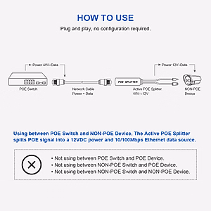 10Gtek POE Splitter Cable 100Mb/s 155Mb/s, 802.3AT/AF, 48V to 12V (PSE chip Inside), 100 Meters Link (2-Pack)