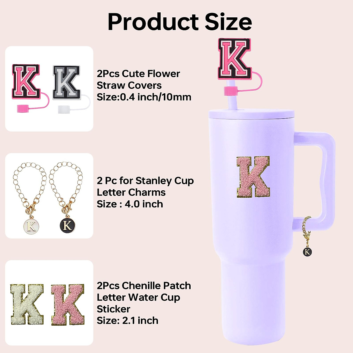 Kacuozx 6PCS Stanley Cup Letter Charm Accessories, Silicone Straw Cover Cap Toppers, Adhesive Chenille Letter Patch Sticker, Initial Letter Hydro Charms for Stanley 30 40 Oz Tumblers Handle Decor K