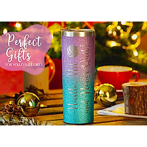 Onebttl Volleyball Gifts for Teen Girls & Team, Stainless Steel Kids Volleyball Tumbler, Double Wall Vacuum Insulated Bottle with Lid and Straw 20oz - Never Quit (Glitter Purple Blue)