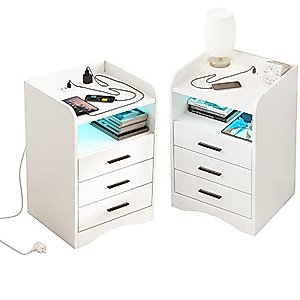 Vabches White Nightstand Set of 2 with Charging Station & LED Lights, 3 Drawers nightstand, Bed Side Table Night Stand for Bedroom Living Room, Wood Side Table