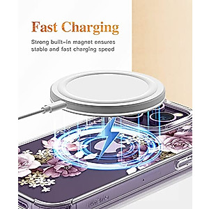 GVIEWIN iPhone 14 Pro Case with Screen Protector & Camera Lens Protector, [Compatible with MagSafe] Clear Floral Shockproof Protective Hard PC+TPU Bumper Women, Cherry Blossoms/Purple