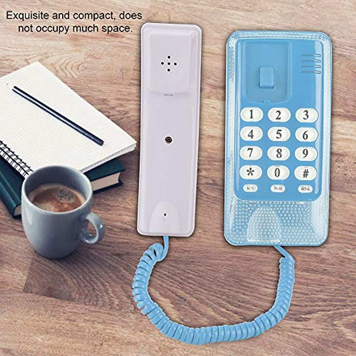 Mini Wall Phone, Retro Wall Mountable Landline Telephone with Flash Function and Call Mute Function, RJ45 Interface Powered by Telephone Line Home Phone for Hotel Family School(Blue)