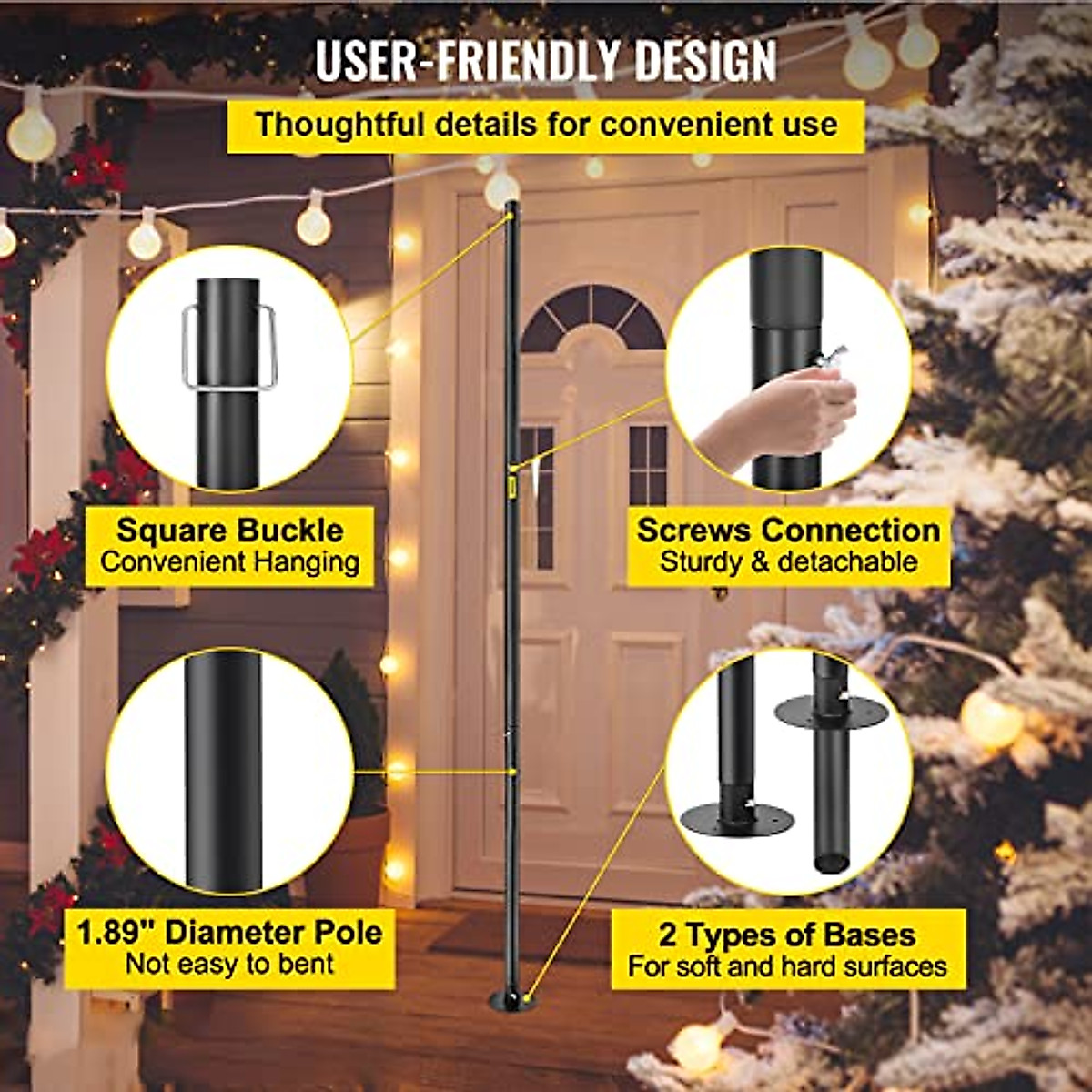 VEVOR String Light Poles, 2 Pack 10.6 FT, Outdoor Powder Coated Steel Lamp Post with Hooks to Hang Lantern and Flags, Universal Mounting Options to Decorate Garden, Patio, and Deck for Party, Black